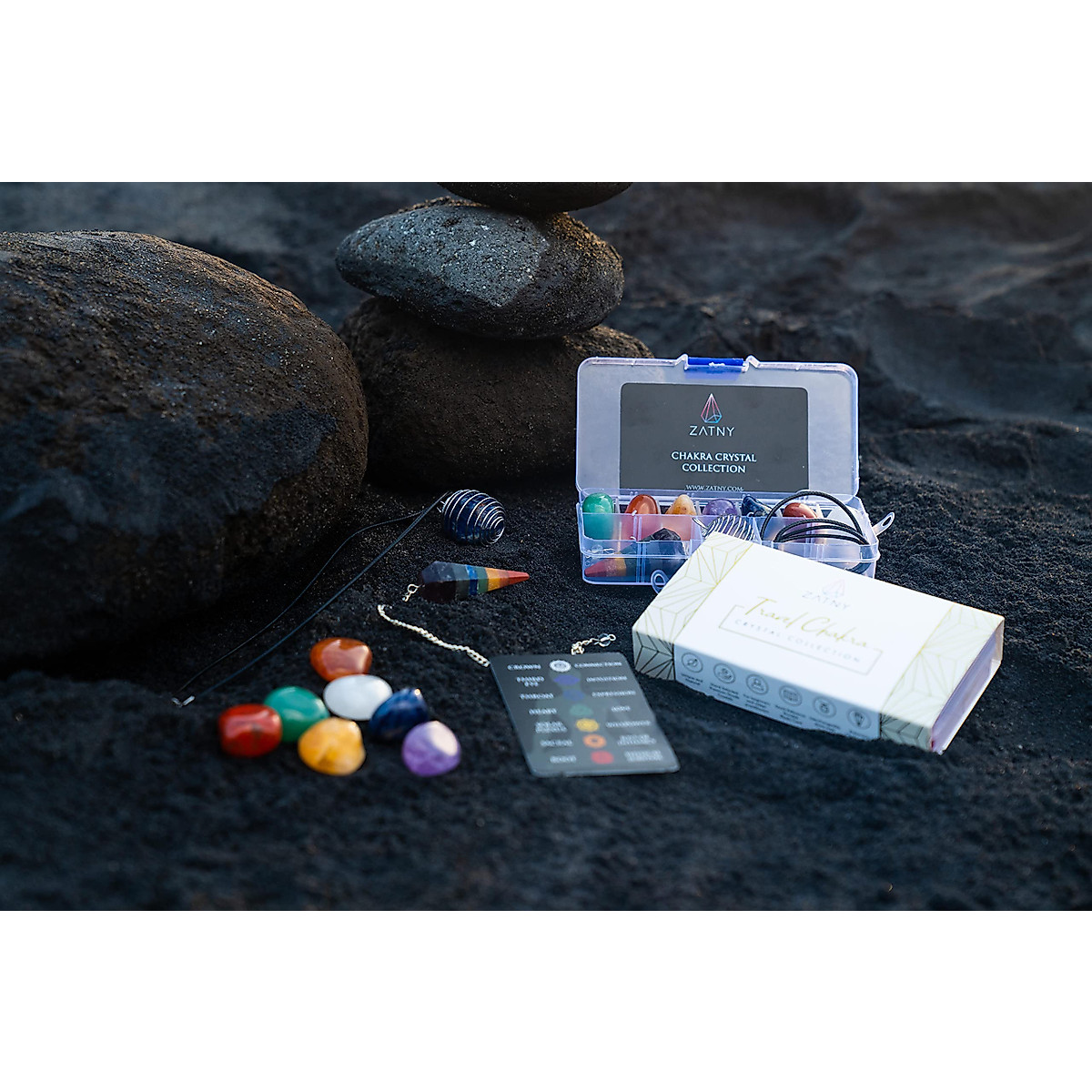 ZATNY Travel Chakra Crystals and Healing Stones Collection - 7 Chakra Set Tumbled Stones, Chakra Pendulum, Interchangeable Cage Necklace, Reference Card, Portable Case, Ebook