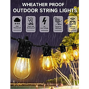 Classhine 50FT USB & Solar Chargeable Outdoor String Lights Dimmable with Remote, Waterproof Patio Deck Lights 15+2 LED Large Bulbs Warm White Shatterproof Replaceable Café Yard Porch Decor
