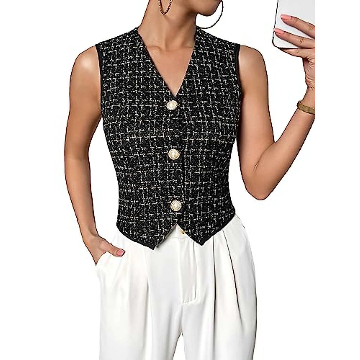 WDIRARA Women's Asymmetrical Hem Button Front Crop Blazer Sleeveless V Neck Blazer Vest Black M