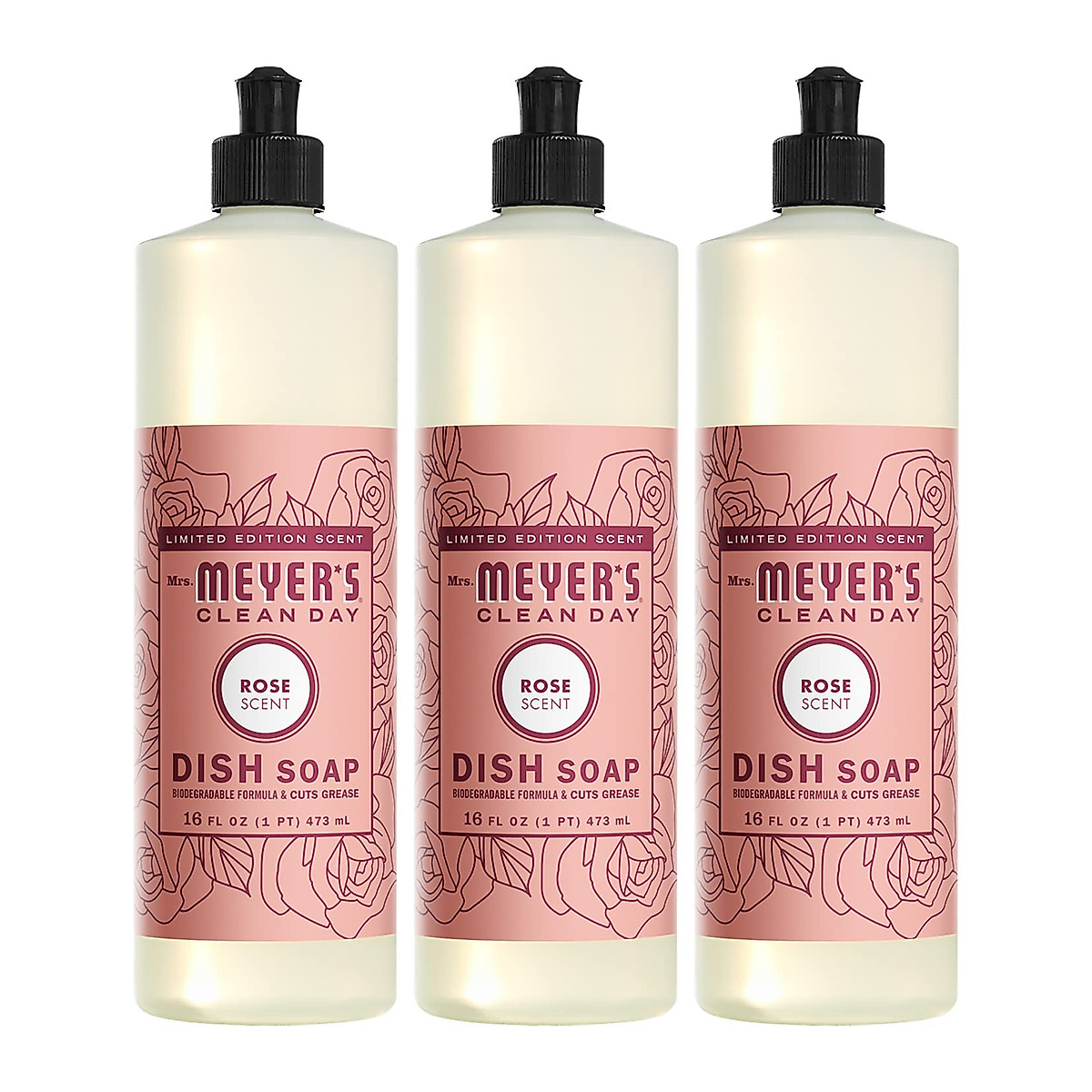 Mrs. Meyer's Liquid Dish Soap, Biodegradable Formula, Limited Edition Rose, 16 fl. oz - Pack of 3