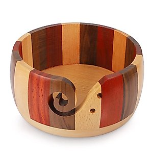 LucyPhy Wooden Yarn Bowl 6.7 x 3.2inch Handmade Craft Knitting Bowl Wool Storage Basket with Carved Holes & Drills for DIY Knitting Crocheting Accessories(Mixed Color)