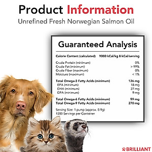 Brilliant Omega 3 Salmon Oil for Dogs & Cats - Norwegian Fish Oil Supplement with EPA & DHA Fatty Acids for Shedding, Allergy, Itching, Dry Skin & Joint Health - Skin and Coat Fish Oil Liquid, 40 Oz