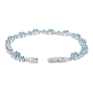 AFFY 14k White Gold Over Sterling Silver Leaf Shape Tennis Bracelet Round Shape Simulated Aquamarine 7.25"