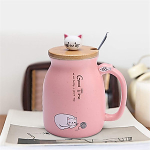 F FINEC 15oz Cute Cat Ceramic Mug, 450ml Milk Coffee Tea Cup With Spoon And Three-dimensional kitty Wood Lid, Heat-Resistant Cartoon Kitten Mugs For Children Office Lovers Gifts