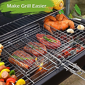 DOUBLE TWO - Stainless Steel Grill Basket, Grill Baskets for Outdoor Grill, Fish Grill Basket, for Meat Vegetable, Grilling Basket, BBQ Accessory, With Adjustable Cover & Detachable Handle, 1Pcs