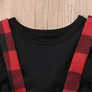 Mubineo Toddler Baby Girl Infant Plain T Shirts Plaid Overall Skirt Set Cotton Outfits (Black+Red, 6 Years)