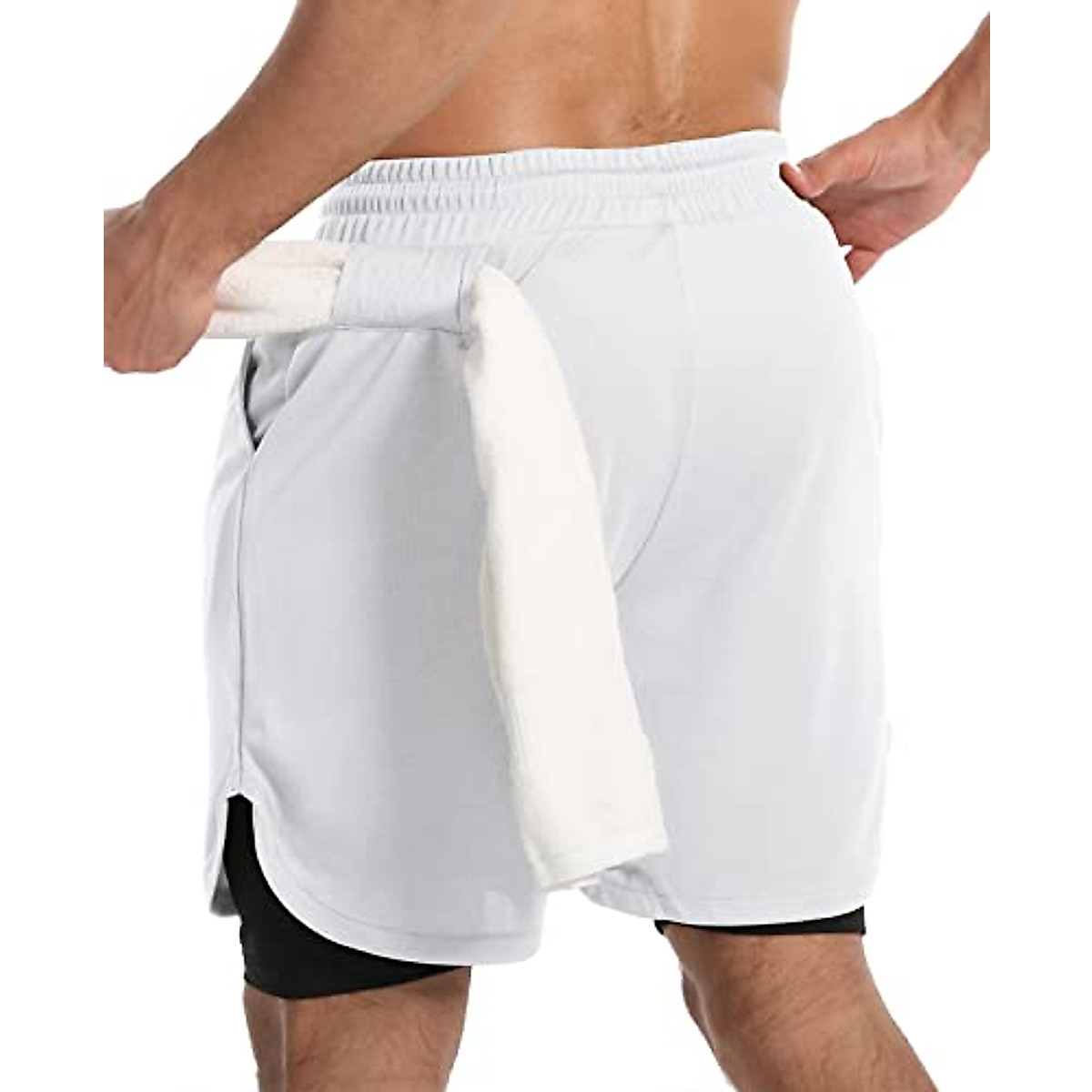 JWJ Men's Running Athletic Workout Sports Mens 2 in 1 Shorts Breathable Gym Short for Men with Pocket, White X-Large