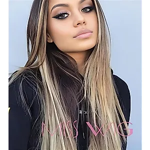 JOUKAYEA Long Ombre Brown Blonde Wig for White Black Women, Synthetic Straight Highlight Dirty Blond Wig with Dark Roots, Golden Hispanic Ladies Realistic Natural Looking Hair Replacement Wigs