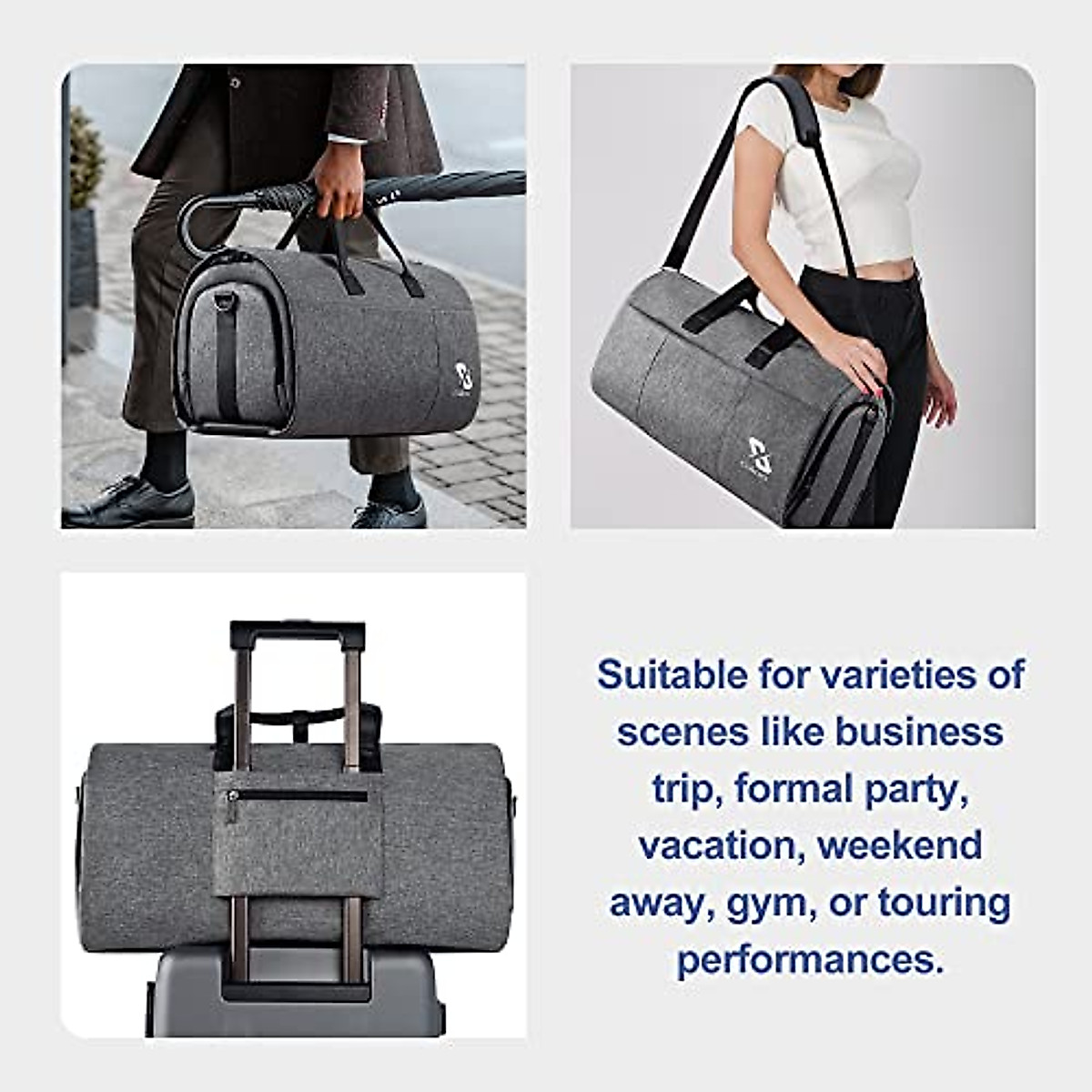 Golkcurx Convertible Garment Bag for travel,Carry on Garment Duffle Bag with Shoe Compartment, Detachable Shoulder Strap - 2 in 1 Suit Bags Suit Travel Bags for Men Women (Grey)