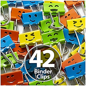 Officemate Happy Smiling Face Binder Clips, Small Size, 42 in Pack, Comes in Assorted Colors (31090)