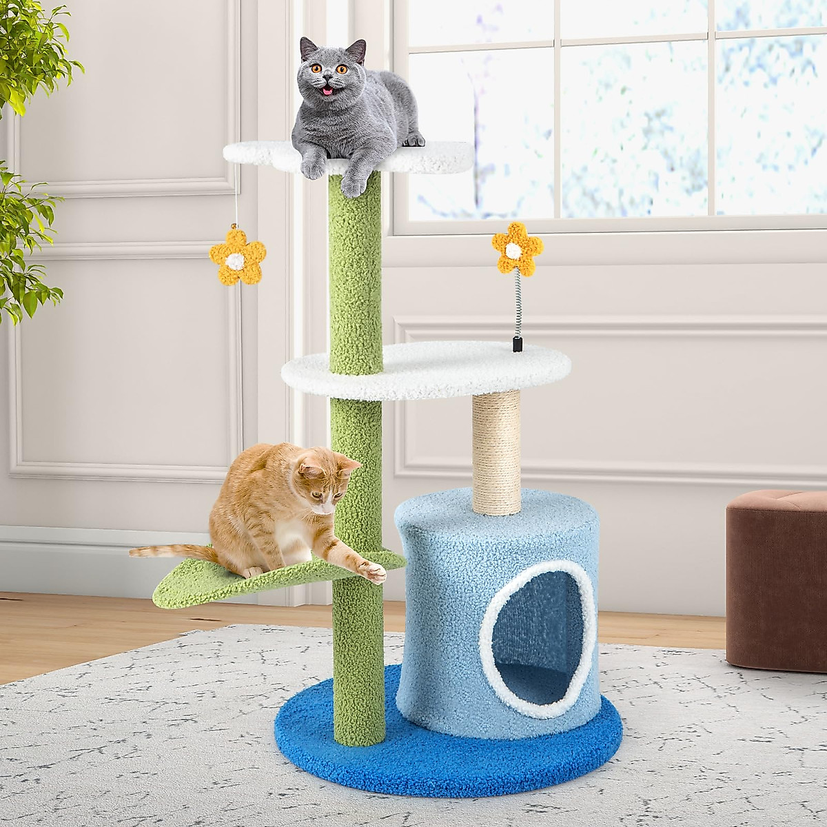 Tangkula Cute Cat Tree, Flower Cat Tower with Sisal Scratching Post, Plush Leaf-Shaped Perch, Roomy Condo, Fluffy Spring Ball & Jingling Ball, Small Cat Tree for Indoor Cats 20 lbs Heavy Duty