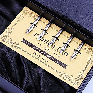 Featty Gifts Antique Natural Peacock Feather Pen,Retro Crown Penholder and Crave Pattern Penstand Stem,5 Metal Nibbed,Writing Quill Pen