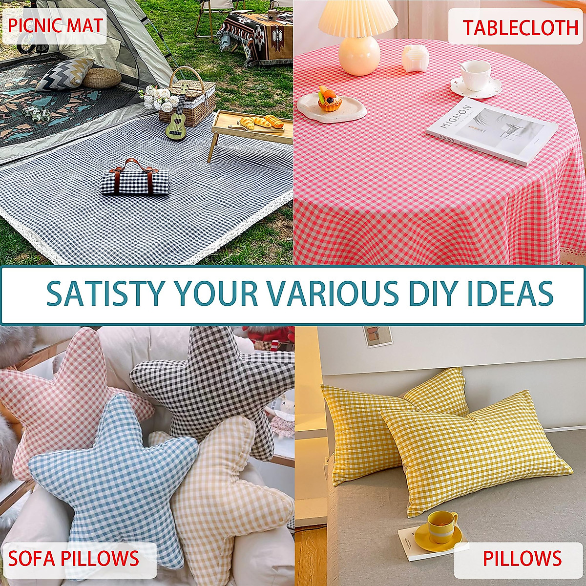 pson 96" Wide Checkered Gingham Fabric, Lightweight Polyester Poplin Fabric for DIY Crafts, Wall Decor Fabric, Sewing, Yellow - 1 Yard