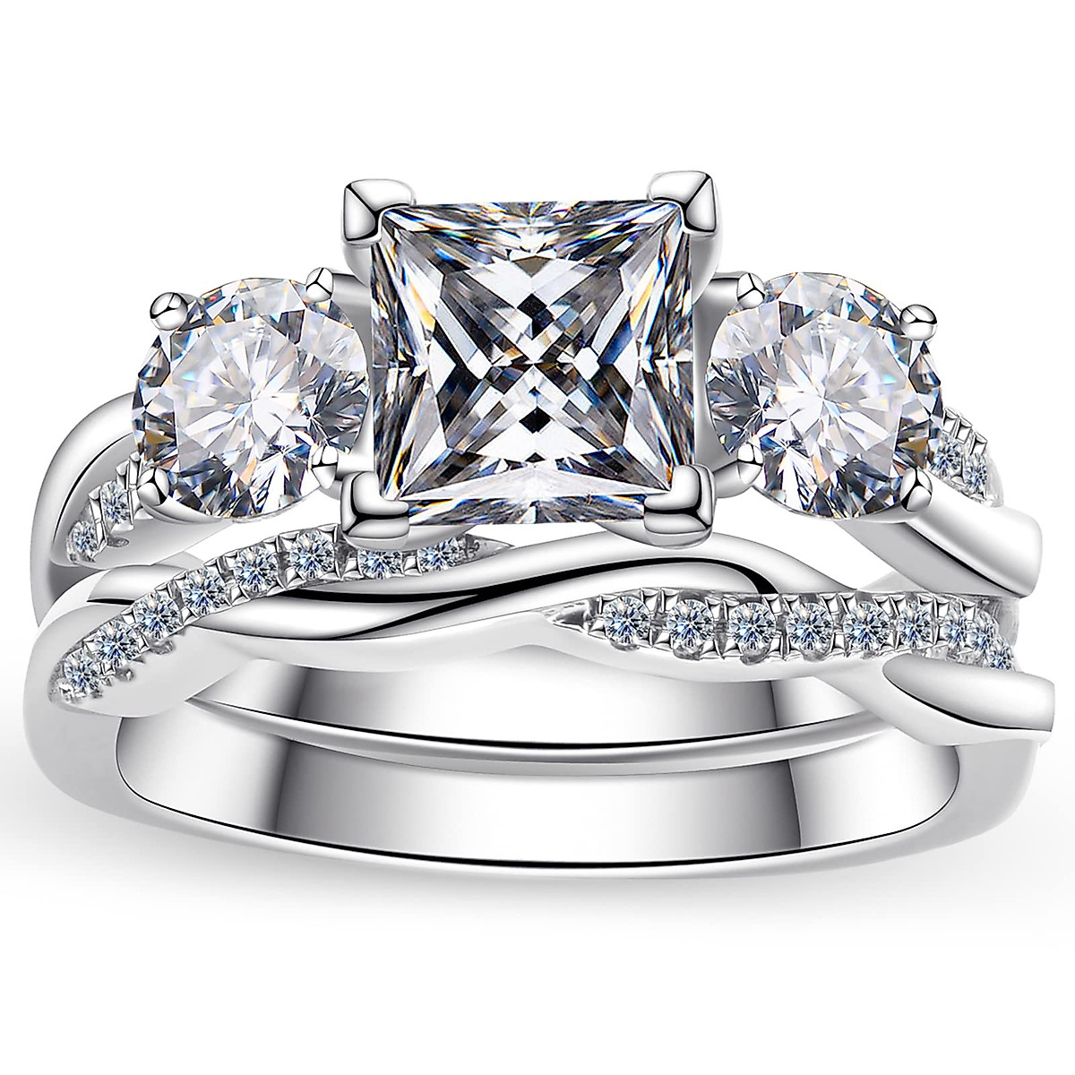 CannyCat 3-Stone Princess Cut Moissanite Wedding Ring Sets for Women Infinity 3.25 carat(ctw) Radiant Moissanite Rings Bridal Set D color Moissanite Diamond Anniversary Engagement Ring Set (size-8.5)