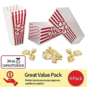 Plastic Popcorn Containers Red & White Striped Retro Style Reusable Popcorn Boxes for Movie Night 4”x8” (4 Pack)