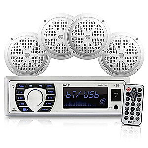 Marine Radio Receiver Speaker Set 12v Single Din Style Bluetooth Compatible Waterproof Digital Boat in Dash Console System (White) & Water Resistant Marine Stereo Cover - Pyle PLMRCW2,White