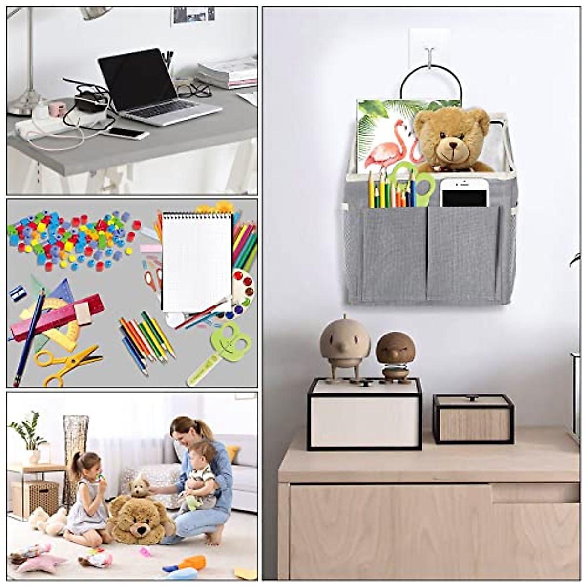 STARVAST 4Pcs 11 x 9 inch Wall Hanging Fabric Storage Bag Linen Cotton Hanging Wall Organizer with Pockets, Waterproof Wall Storage Box with Sticky Hook for Bedroom, Office, Dormitory, RV Camper