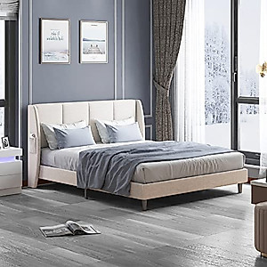 BALUS Wingback King Size Bed Frame, Upholstered Platform Bed Frame with 2 Pockets,Bed Frame with Wooden Slats Support, No Box Spring Needed/Easy Assembly/No Mattress (King, Beige)