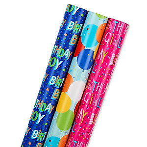 American Greetings Reversible Birthday Wrapping Paper, Stars, Polka Dots, and Balloons (3 Pack, 120 sq. ft)