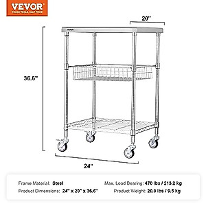 VEVOR Kitchen Utility Cart, 20"x24"x36.6" 3 Tiers Wire Rolling Cart, 470LBS Capacity Steel Service Cart with Brake Wheels, Storage Trolley with 76mm Basket PP Liner 6 Hooks, for Indoor & Outdoor Use