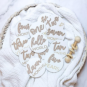 Wooden 3D Monthly Milestone Discs for Baby Photos (20 pcs Set), First Year Monthly Milestone Marker, Includes 1-5 Years, White Stained