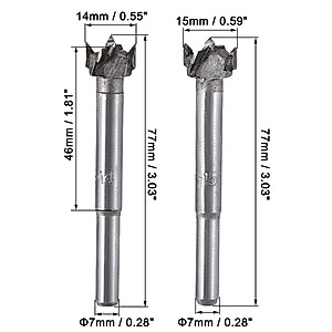uxcell Forstner Wood Boring Drill Bits 14mm 15mm Dia. Hole Saw Carbide Alloy Steel Tip Round Shank Cutting for Hinge Plywood Wood Tool 2in1 Set