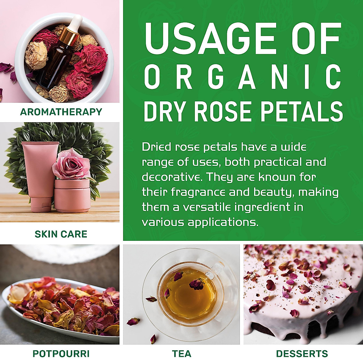 Jiva USDA Organic Dried Red Rose Petals 7 Oz (200g) Large Bag - Food Grade, Edible Flowers - Use in Tea, Baking, Making Rose Water, Crafting, Wedding Confetti