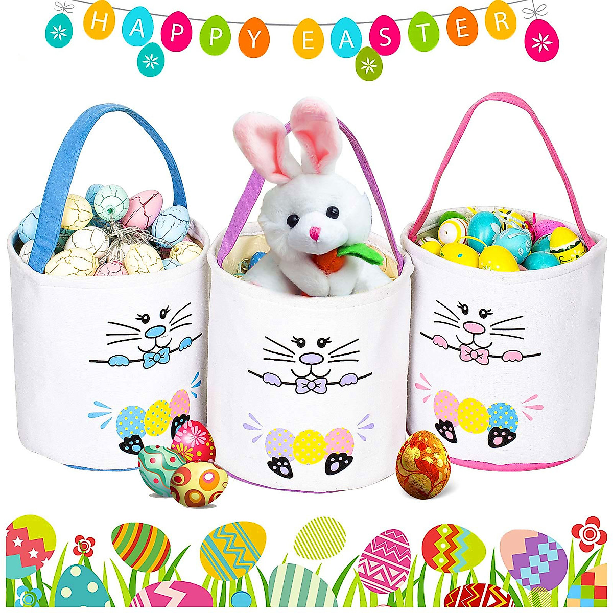 3 Pcs Easter Baskets for Kids - Easter Egg Bags Easter Candy Egg Hunt Basket Cute Rabbit Tote Bag for Kids Easter Decorations Eggs Candy