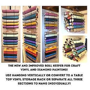 The Roll Keeper, Vinyl Roll Holder and Craft Room Organizer, Hanging Adjustable Rack, Diamond Painting Accessories,Closet, Door and Wall Mount, Holds 36 Roll (White Elastic)