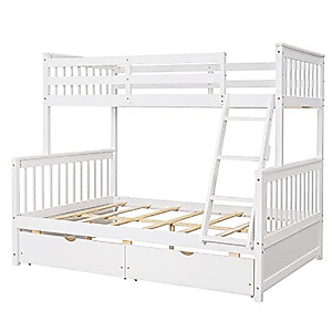 Harper & Bright Designs Bunk Bed with Drawers, Twin Over Full Bunk Bed, Solid Wood Bunk Bed Frame with Ladders & 2 Storage Drawers, Bedroom Furniture(White, Twin/Full with Drawers)