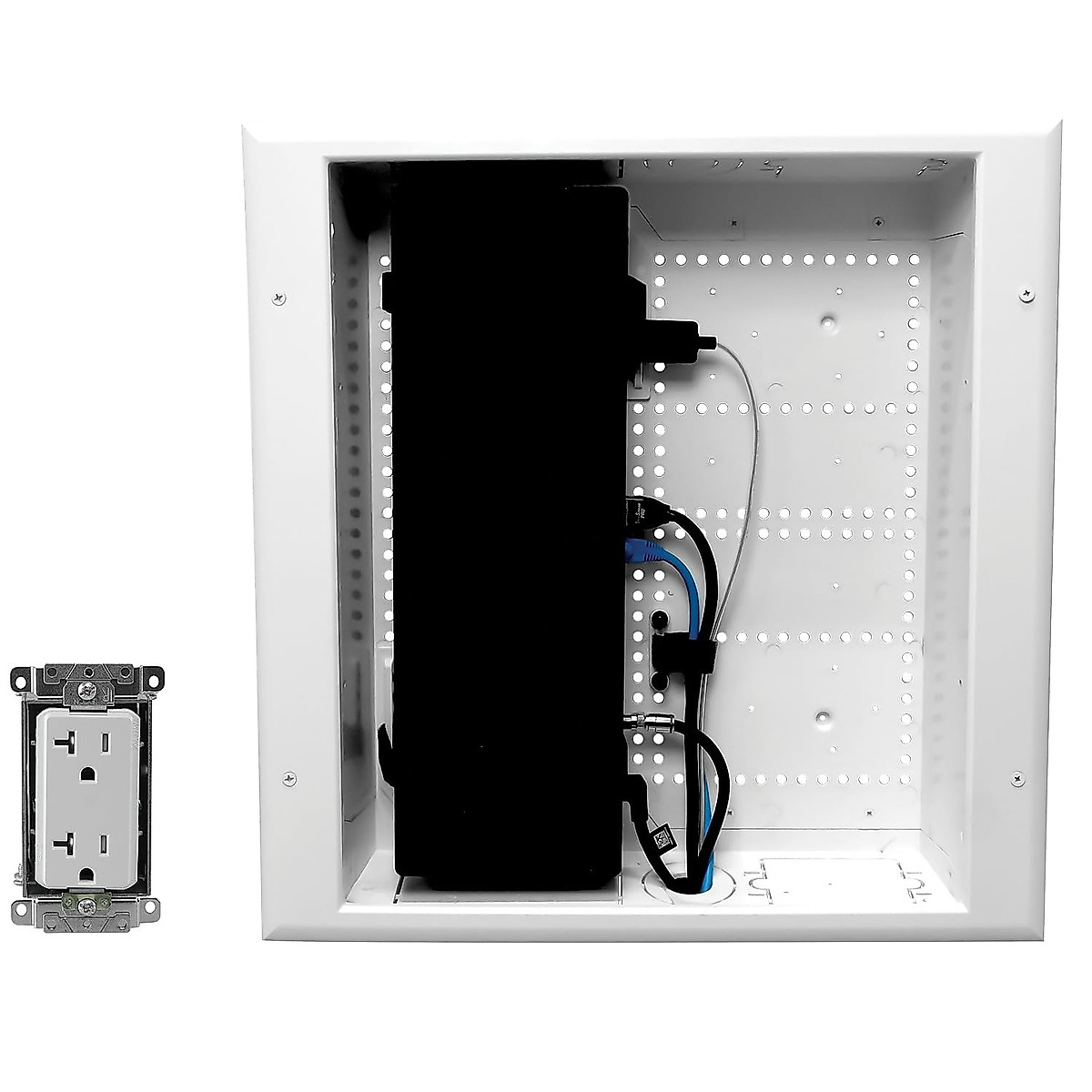 DataComm Electronics 45-8011-1P Multi-Functional Recessed Media Box with Integrated Duplex Power Receptacle For Seamless Home & Office Connectivity Solutions, In Wall Box, Hides TV Outlet & Cables