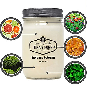 Nika's Home Oakmoss & Amber Soy Candle 12oz Mason Jar Non-Toxic White Soy Handmade, Long Burning 50-60 Hours Highly Scented All Natural, Clean Burning Candle Gift Décor