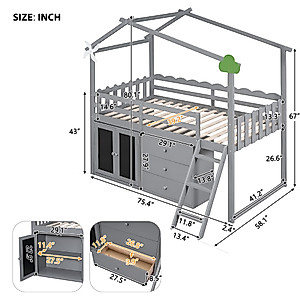 CITYLIGHT Twin Size House Loft Bed with Storage Cabinet and 3 Drawers, Wood Loft Bed Twin with Roof, Blackboards and Guardrail, Kids Playhouse Bed Twin for Teens, Boys, Girls, Grey