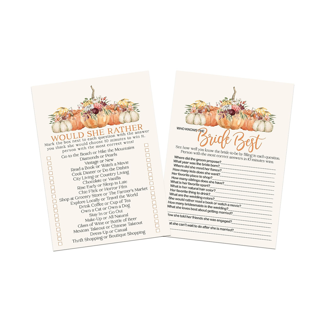 Paper Clever Party Rustic Pumpkin Bridal Shower Games Pack - 25 Guests, 5x7 Size, Premium Quality Cardstock, Fall Theme, Who Knows The Bride Best & Would She Rather, Autumn Wedding Shower Games