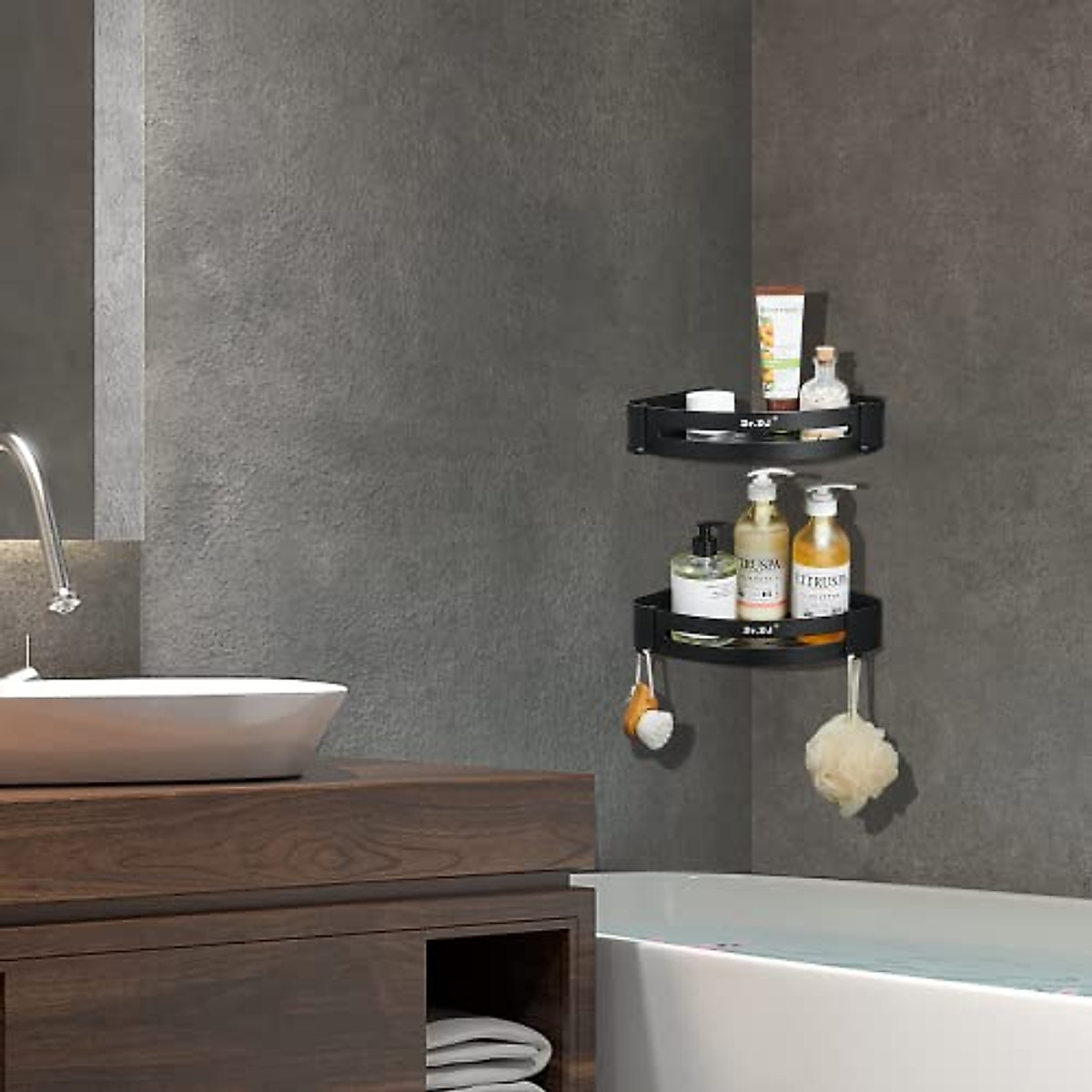 Dr.DJ Matte Black Corner Shower Shelf,Corner Shower Caddy, Adhesive Bathroom Shelf Wall Mounted,No Drilling Shower Shelf for Inside Shower,With 4 Hooks,For Bathroom,Kitchen,Restroom (2 PACK)