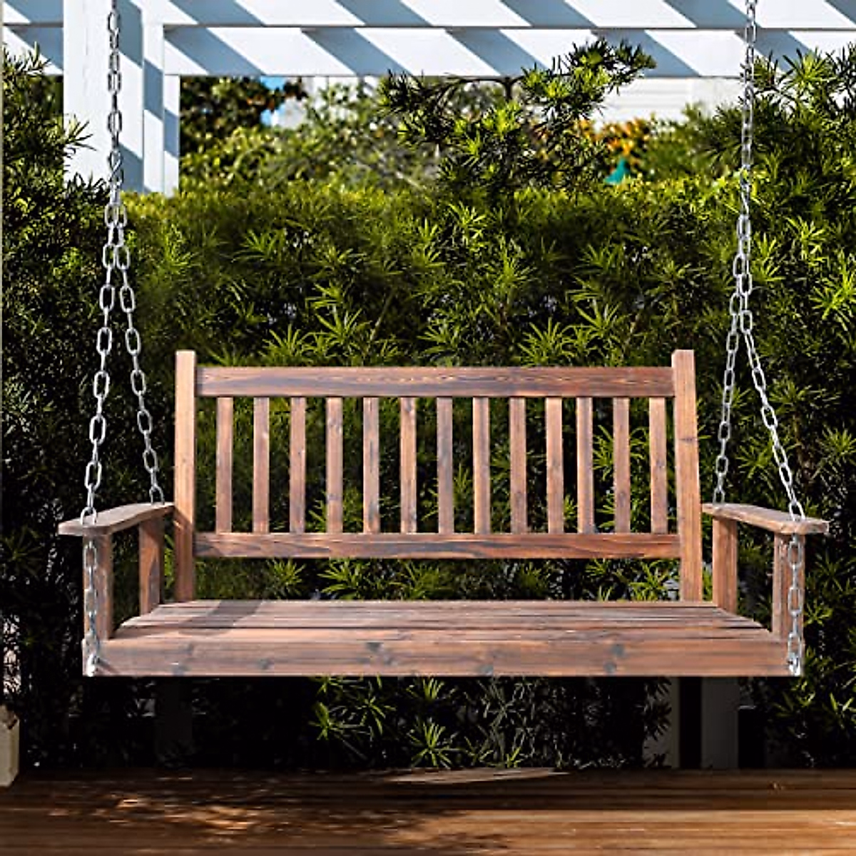 MUPATER Outdoor Patio Hanging Wooden Porch Swing 5FT with Chains, 3-Person Heavy Duty Swing Bench for Garden and Backyard, Rustic