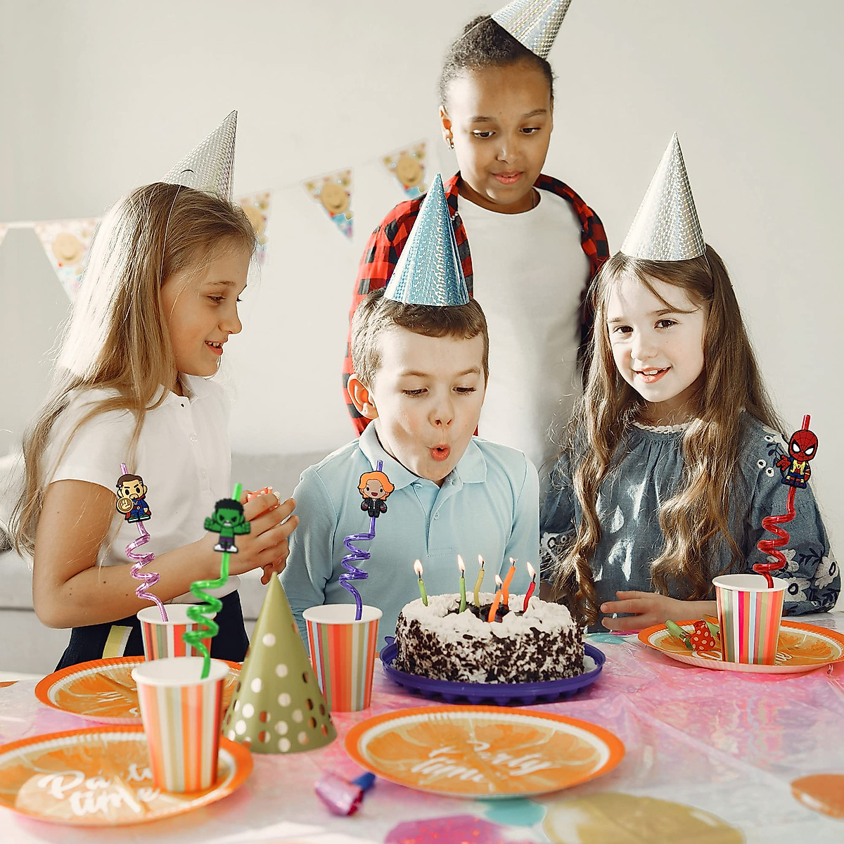 32Pcs Superhero Straws for Avenger Party Favor - 32Pcs Reusable Drinking Straws with 8 designs+36 Stickers+2 Brushes. Perfect For Superhero Party Supplies, Great for Avenger Themed Party