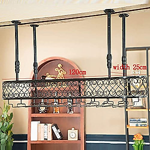 LAJUU Wine Racks,Wine Glass Holder with Guardrail,Hanging Wine Glass Rack Stemware Holder Wrought Iron,Wine Bottle Holder for Shelf Adjustable Height for Bars Restaurants Kitchens/Black/120 * 25Cm