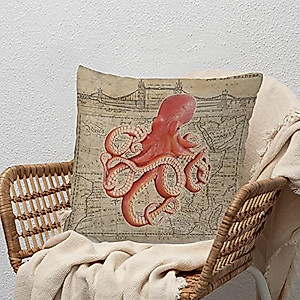 WoGuangis Beach House Throw Pillow Cushion French Vintage Nautical Map Coastal Octopus White Linen Throw Pillows Seahorse Sea Life Vintage Pillowcases with Zippe for Sofa Living Room 22x22in