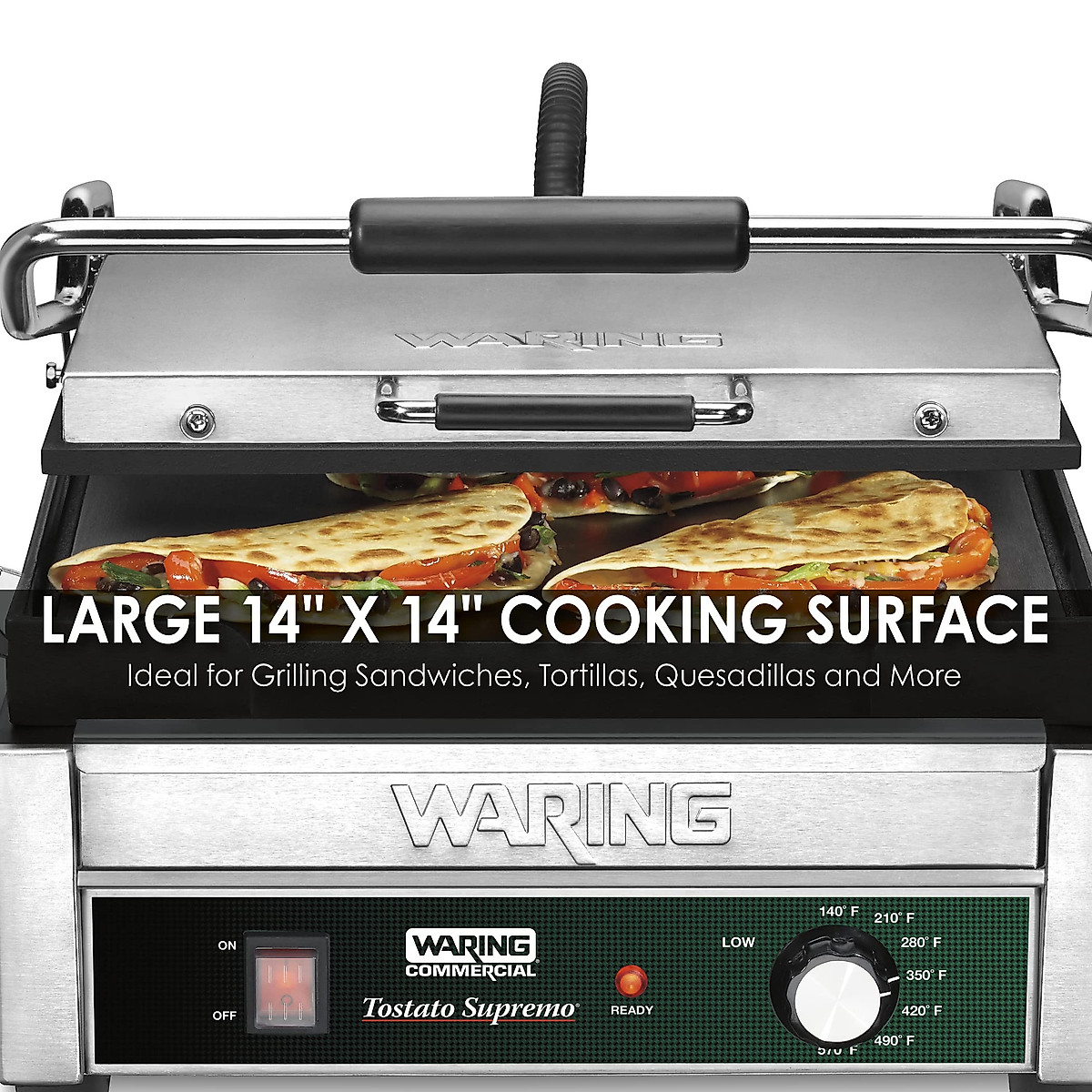 Waring Commercial WFG275T Full Sized 14" x 14" Flat Toasting Grill, 20 Minute Countdown Timer, 120V, 1800W, 5-15 Phase Plug