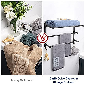 NearMoon Bathroom 3 Tier Towel Shelf- Premium SUS304 Stainless Steel Towel Rack with Double Towel Bar Space Saving Towel Hangers Bath Storage Organizer Accessory Wall Mounted (24 Inch, Matte Black)