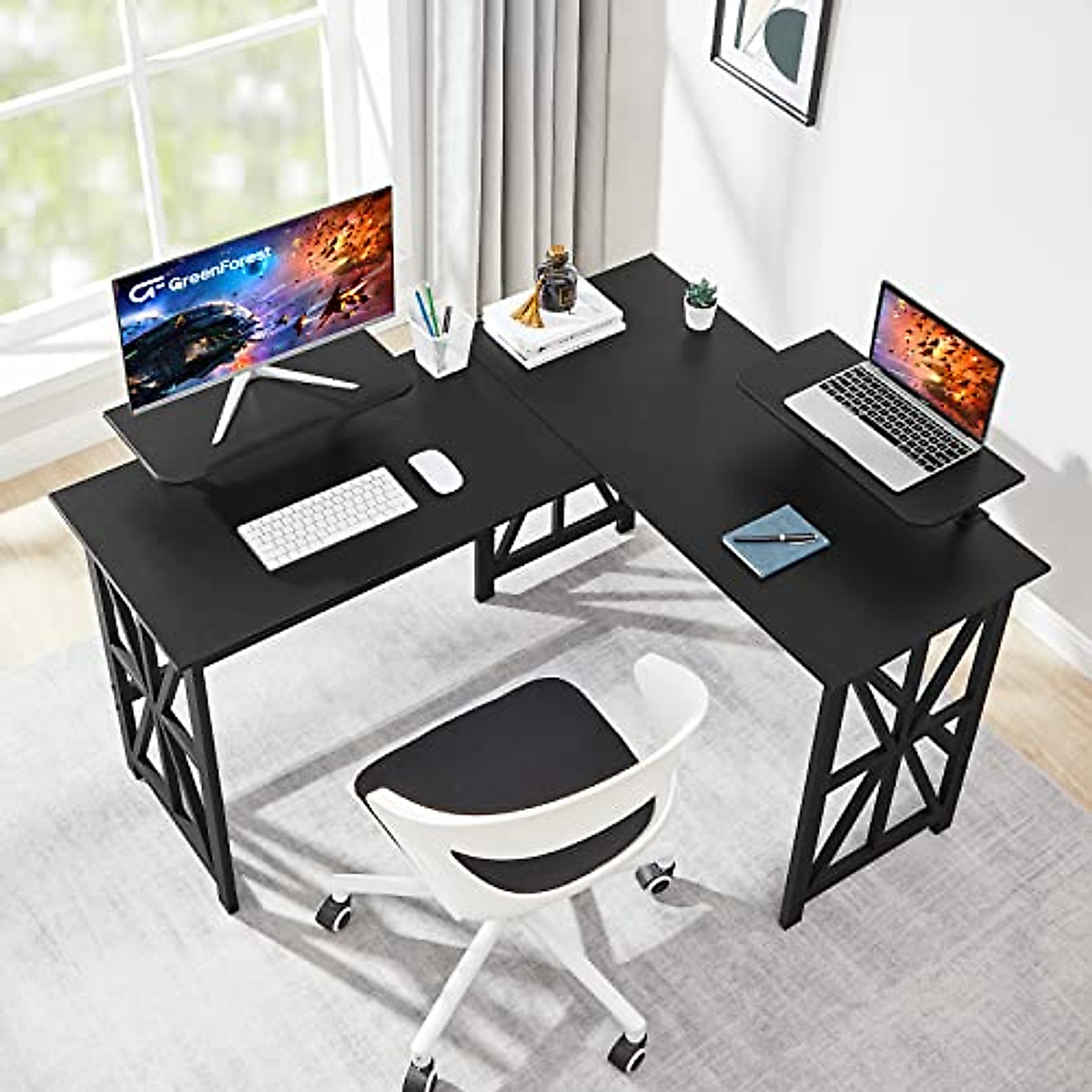 GreenForest L Shaped Desk with 2 Monitor Stand 50.4 inch Reversible Corner Computer Desk Home Office Gaming Workstation Easy Assembly,Black