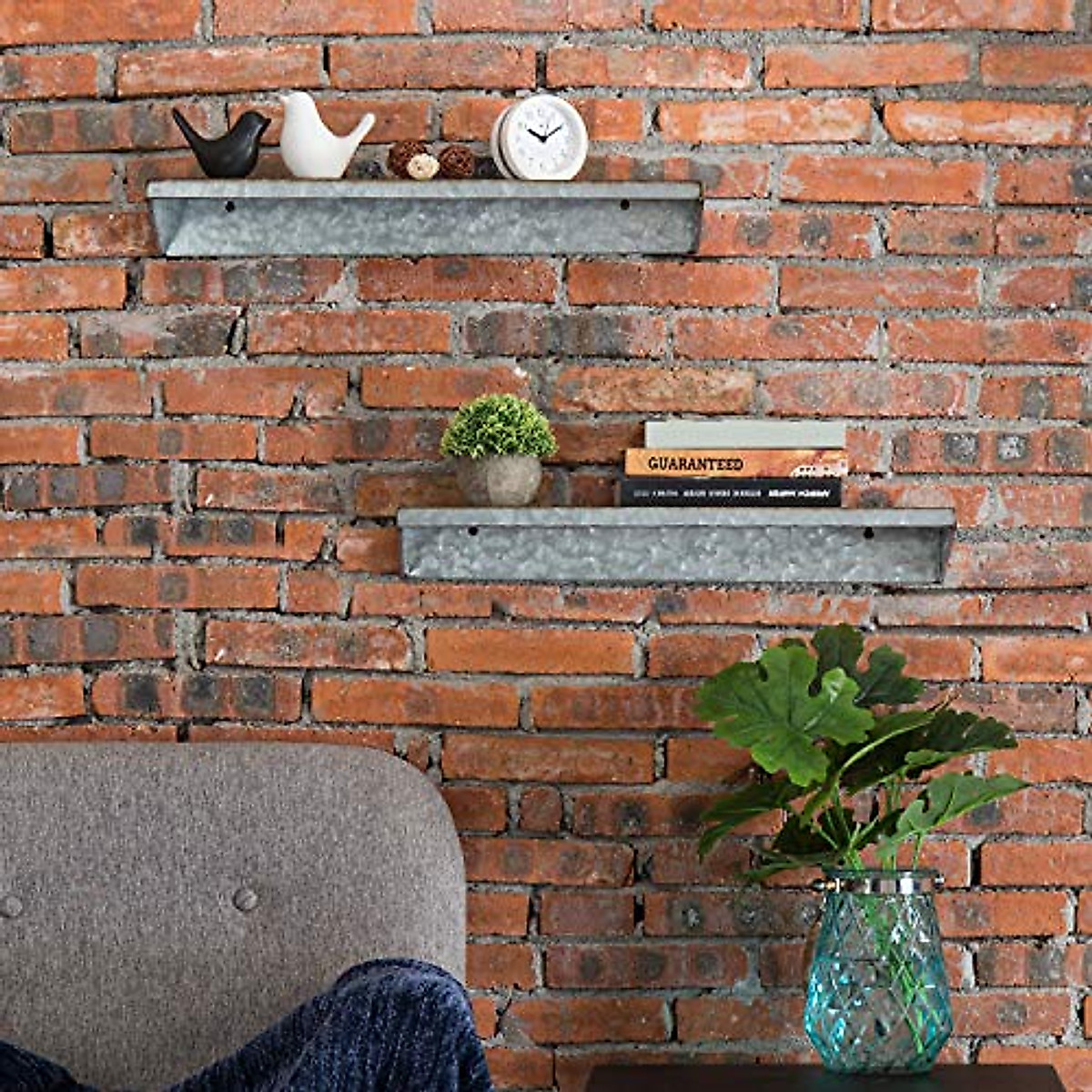 MyGift Silver Galvanized Metal Floating Shelves for Wall, Decorative Display Shelf, Set of 2