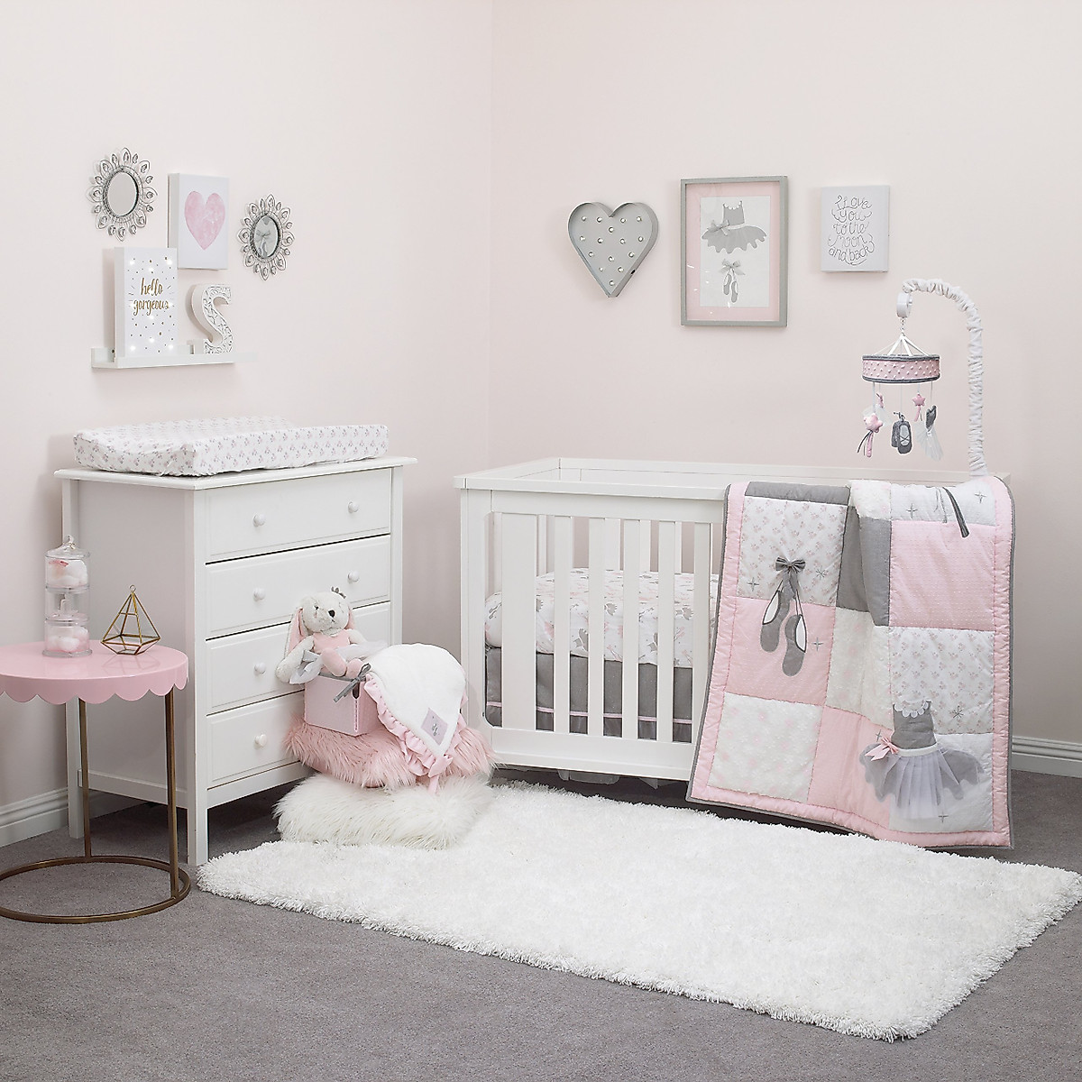 NoJo Ballerina Bows 4 Piece Nursery Crib Bedding Set, Pink/Silver/White