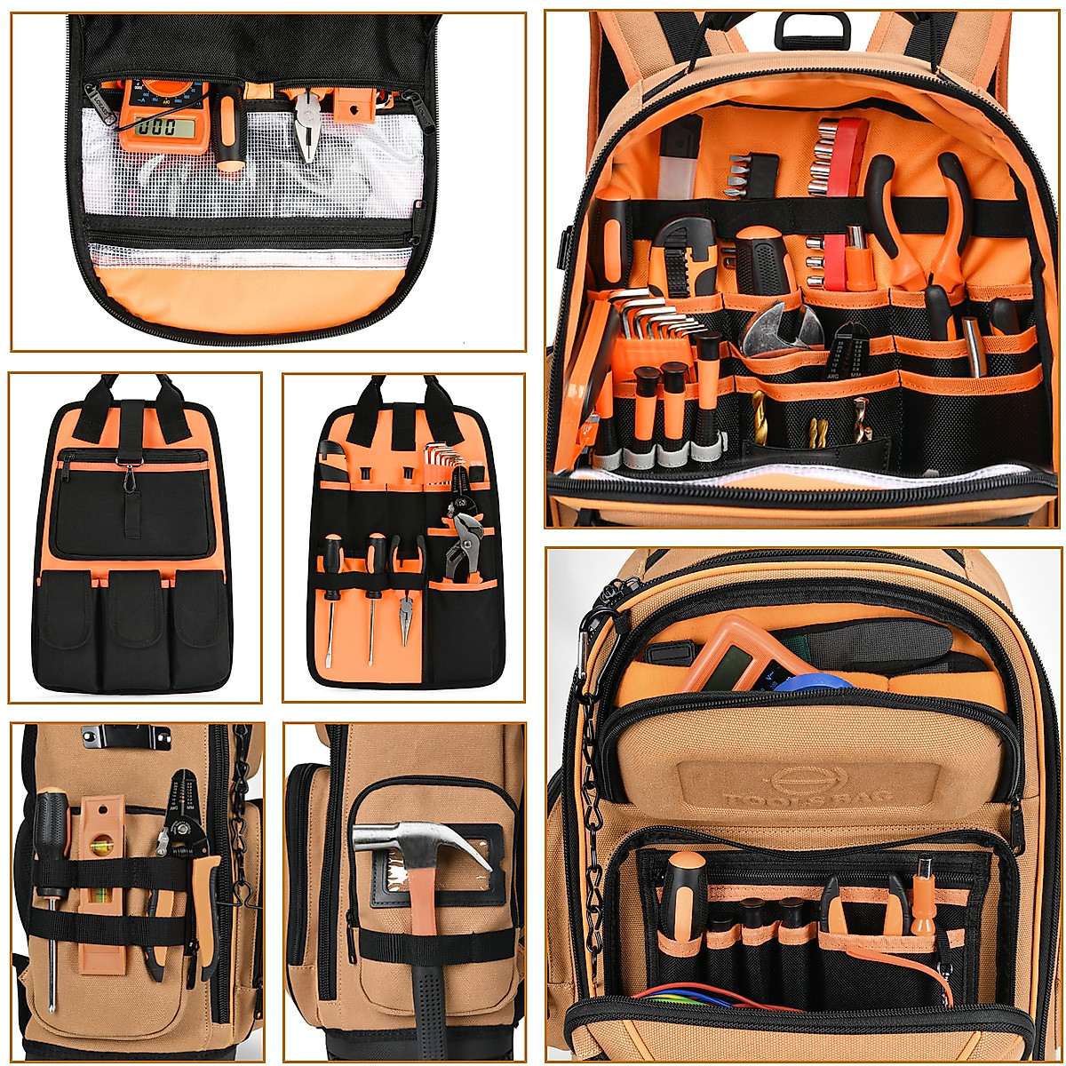 Tool Bag Backpack, 75 Pockets & Loops Canvas Heavy Duty Tools Organizer Bags/HVAC Tool Carrier for Electrician/Construction Work with Molded Base and Combination Lock - Brown