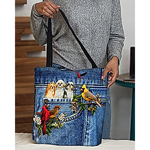 Three Shih Tzu Dogs And Cardinals Jean Pocket Tote Bag, Casual Handbag For Shih Tzu Dog Lover Gift, Grocery Bag For Woman