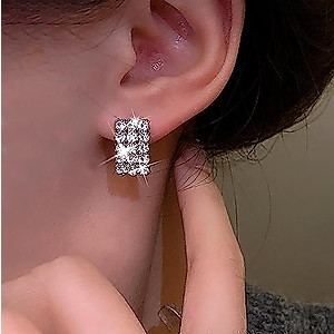 Sttiafay Vintage Rhinestone Square Earrings Square Crystal Earrings Silver Geometry Square Stud Earrings Sparkly Cz Bridal Earrings Jewelry for Women and Girls