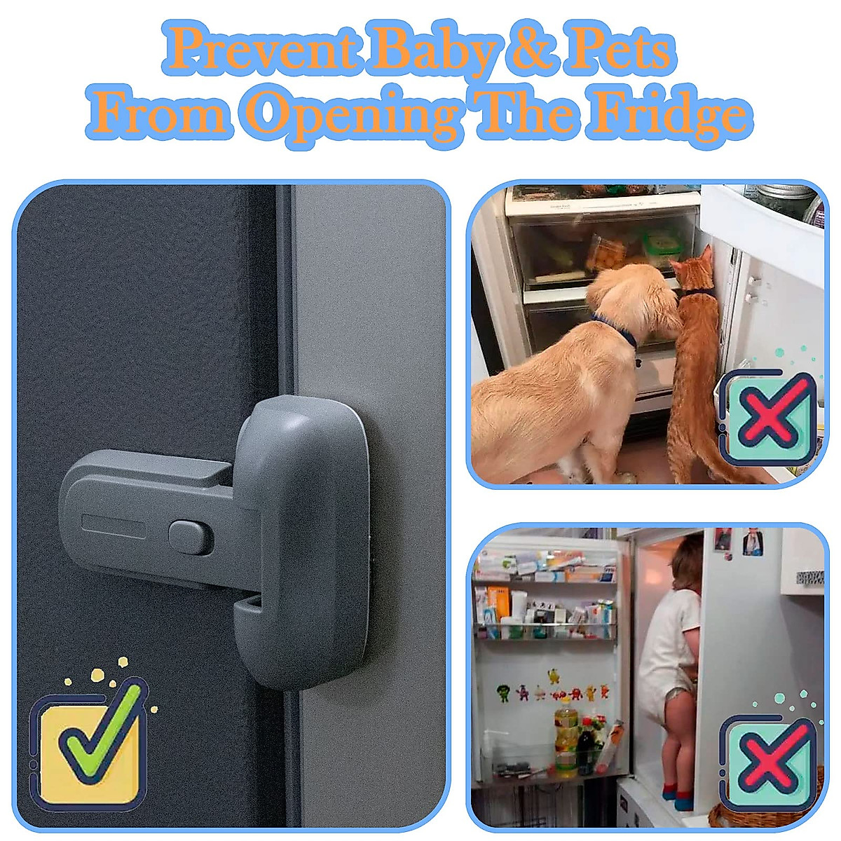 2 Pack Refrigerator Fridge Freezer Door Lock for Kids Child Proof Refrigerator Latch Lock to Keep Door Closed Toddler Kids Child Fridge Locks, No Tools Need or Drill (Grey)