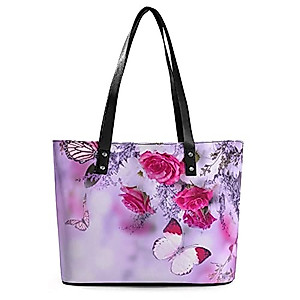 Womens Handbag Roses And Butterfly Leather Tote Bag Top Handle Satchel Bags For Lady
