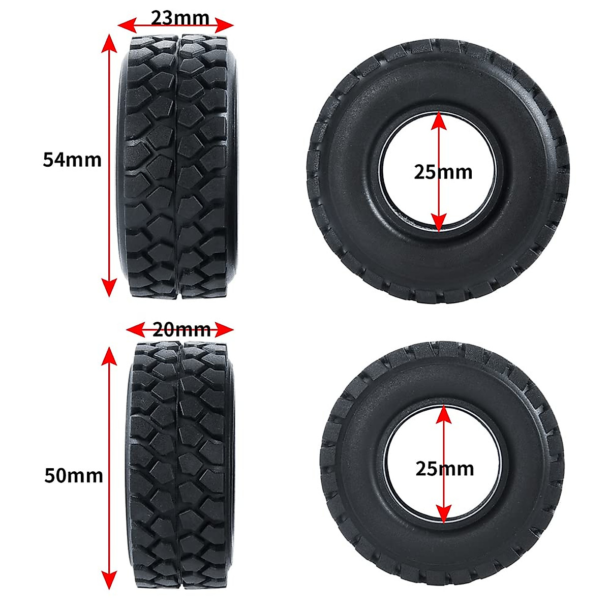 RCLIONS 4pcs Rubber Micro 1" RC Wheel Tyres Tires with Foam Insert for All 1/24 Axial SCX24 AXI00001,AXI00002,AXI90081 Deadbolt RC Crawler Truck Car (50mm)